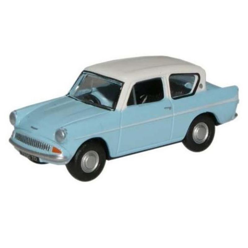 OO Gauge Oxford Diecast Ford Anglia Light Blue/Ermine White - Dream Steam